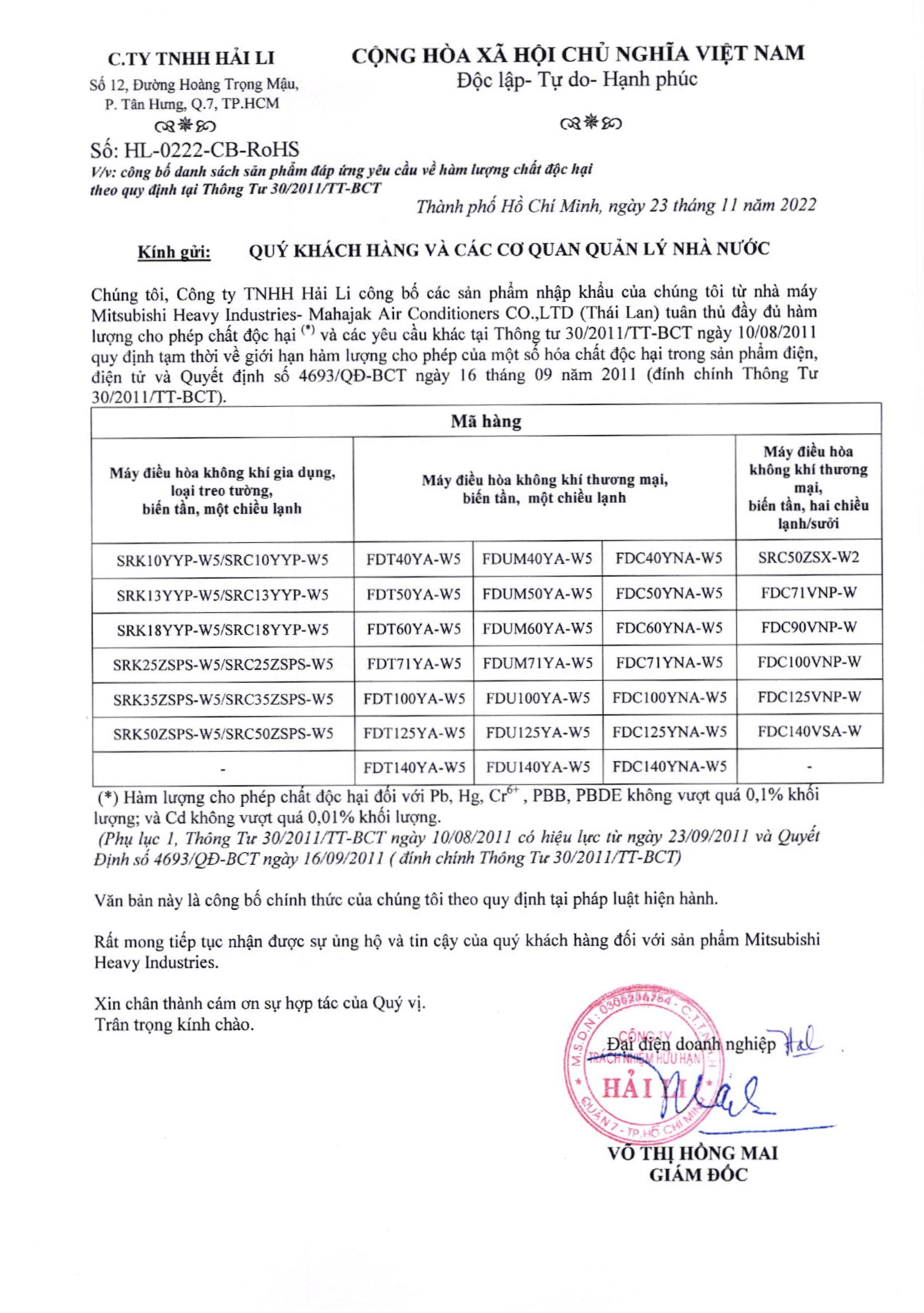 ĐIỀU HÒA MITSUBISHI HEAVY ĐẠT CHỨNG NHẬN TIÊU CHUẨN ROHS 2022